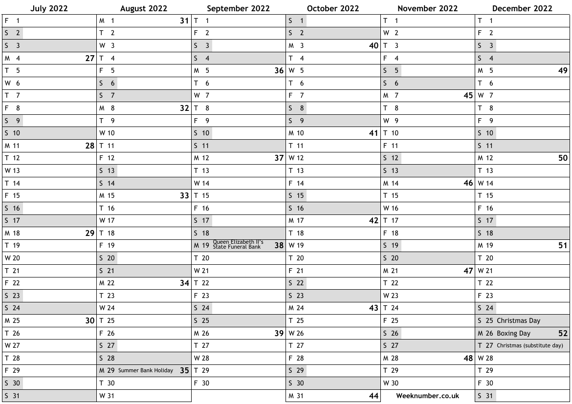 2022 calendar, 2nd half