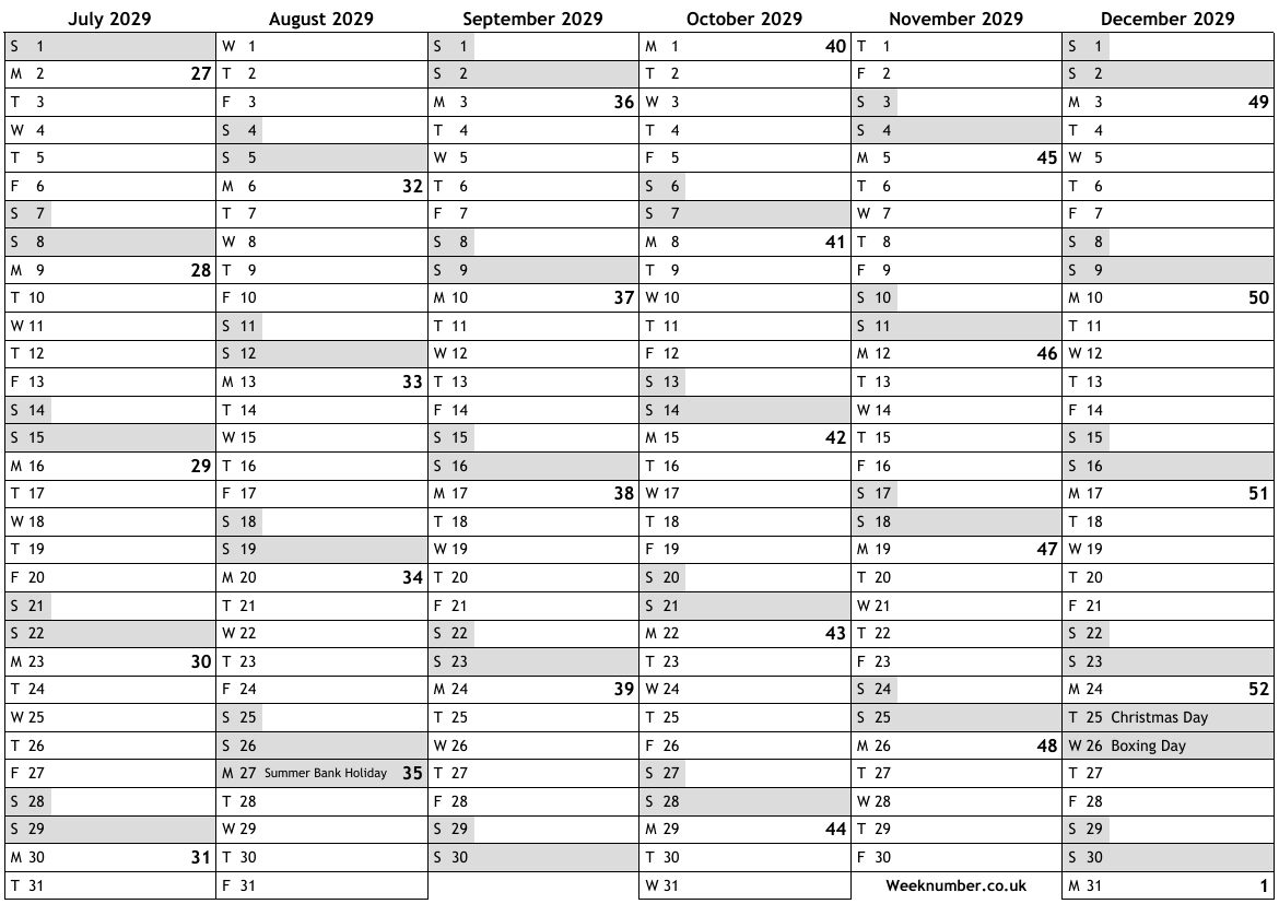 2029 calendar, 2nd half