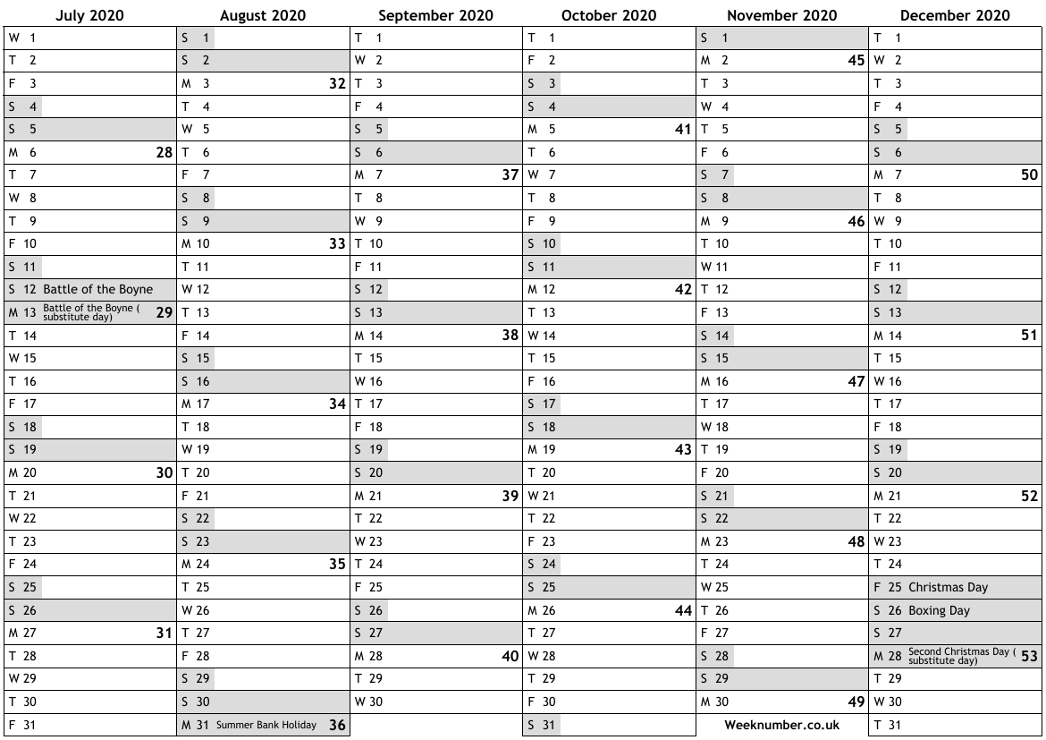 2020 Calendar 2nd Half